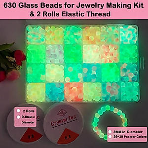 630PCS Glass Beads for Jewelry Making, 24 Color 8mm Glow in the Dark Glass Beads for Bracelets Making Gemstone Loose Spacer Beads for DIY Craft Friendship Bracelets Necklace Earring (8MM-Glowing)