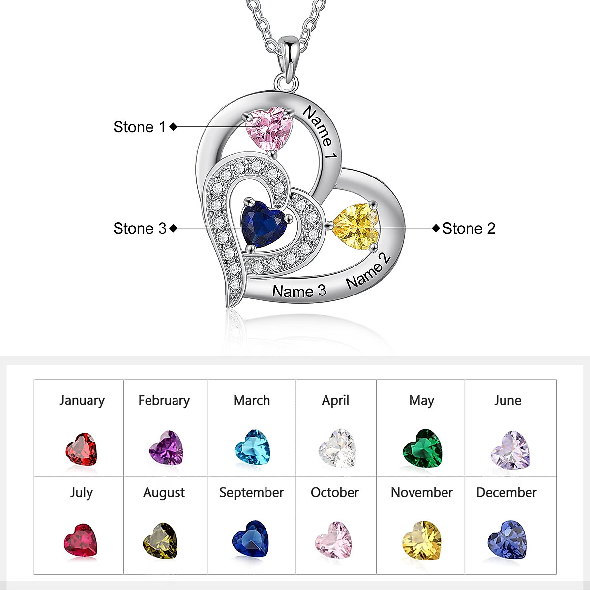 Mom Necklace,Personalized Mothers Day Necklace with Kids Names, Heart Birthstone for Women Custom Mother Name Mother's Birthday Gifts Wife Grandma (3 names)