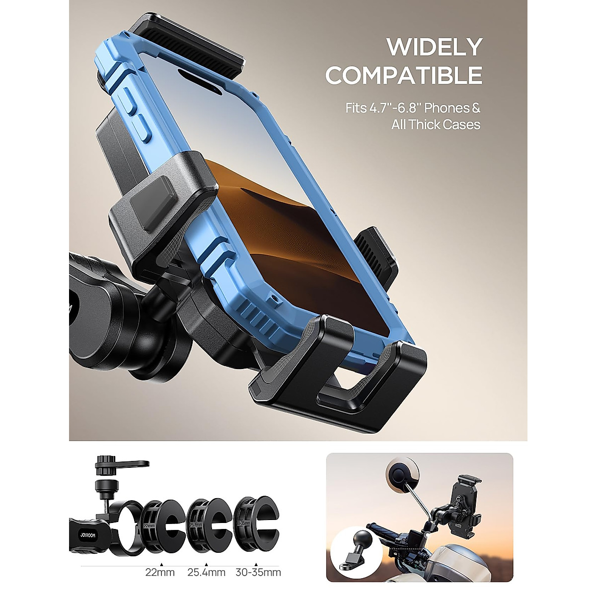 JOYROOM Aluminum Alloy Motorcycle Phone Mount with Vibration Dampener, Motorcycle Phone Holder for Motorcycle Harley Bike Bicycle Scooter ATV/UTV, Compatible with iPhone, Samsung, All Cell Phones