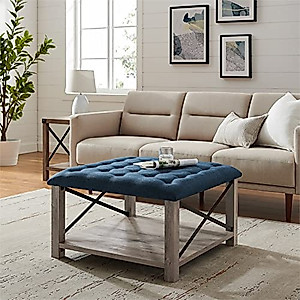 Walker Edison Abri Modern Farmhouse Metal X Tufted Ottoman, 30 Inch, Blue