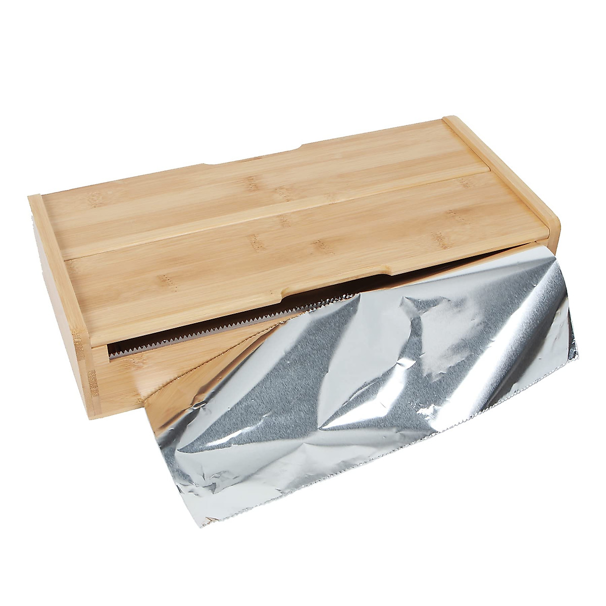 Calsign Plastic Wrap Dispenser with Cutter Bamboo 2 in 1 Aluminum Foil Organizer and Wax Paper Holder for Kitchen Drawer Compatible with 12" Roll Parchment Paper Cling Wrap Reusable Dual Organization