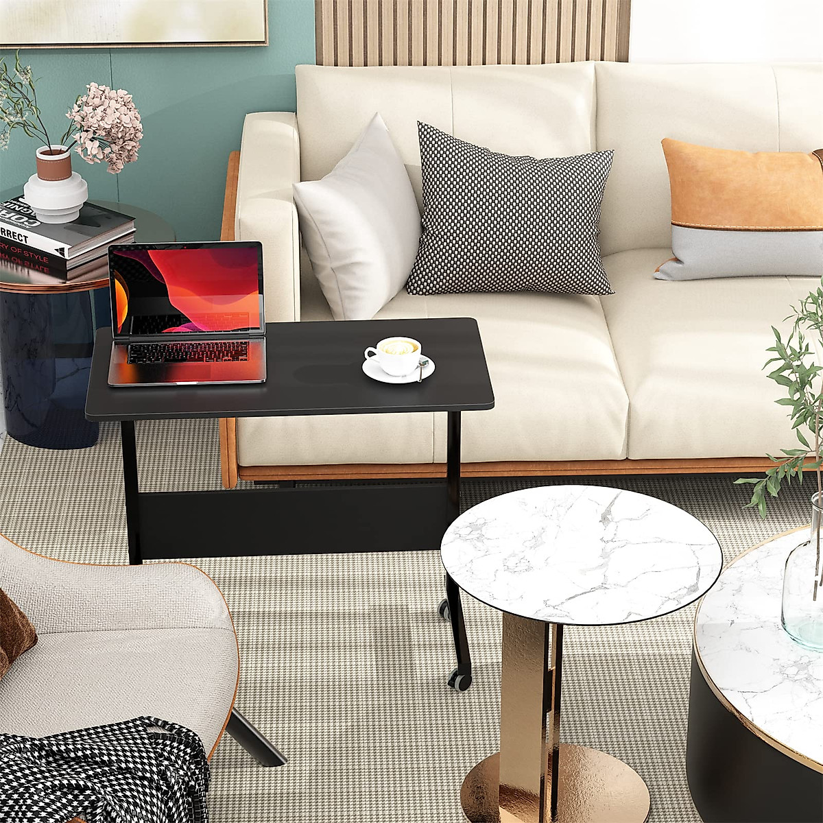 SogesGame Side Table with Wheels, Home Snack Side Table with Castors Mobile End Table,Black,05#1-80BK-S8-US