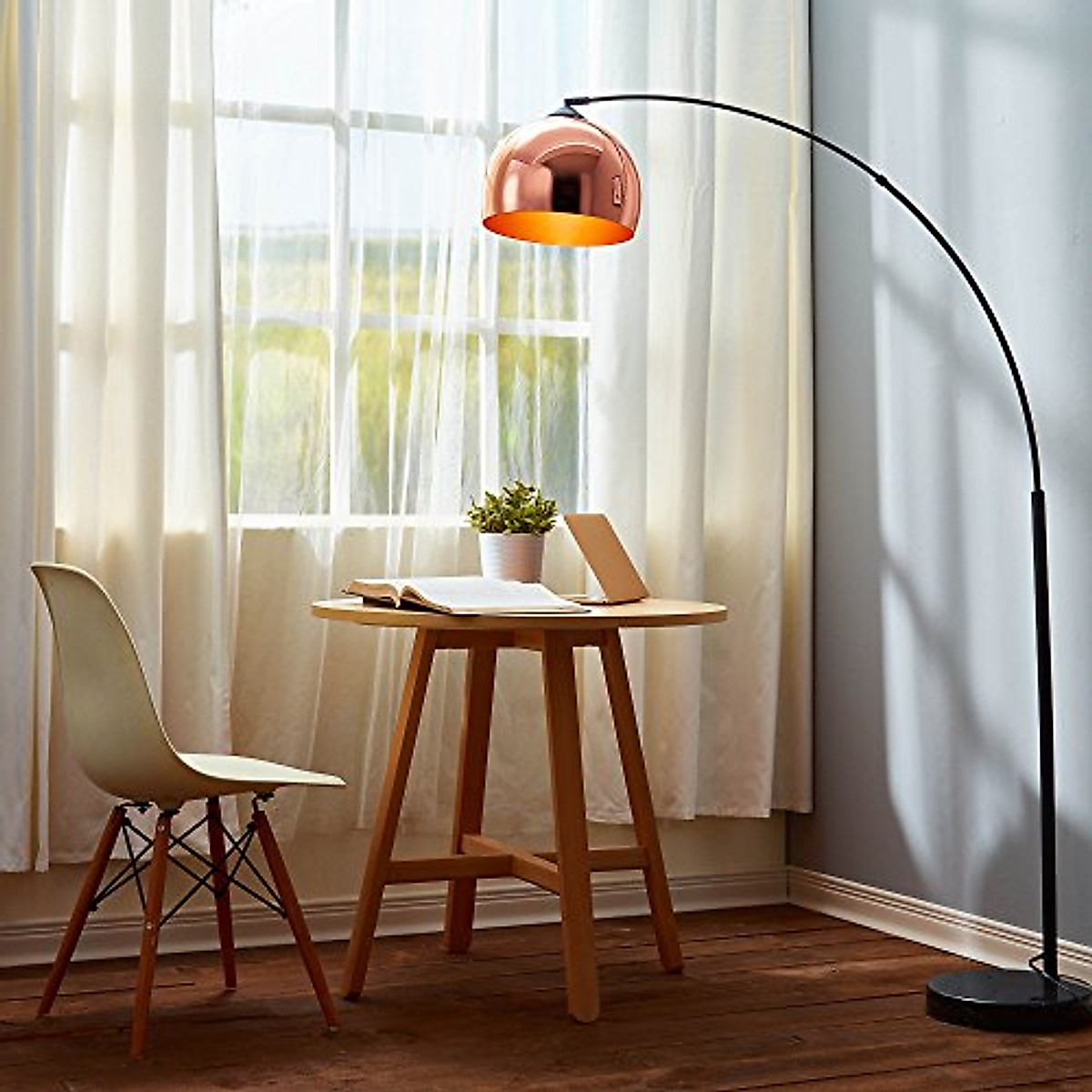Teamson Home Arquer Real Marble Base Modern LED Arc Floor Lamp Tall Standing Hanging Light with Bell Shade for Living Room Reading Bedroom Home Office, 67 inch Height, Rose Gold