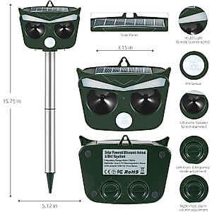 Jahy2Tech Ultrasonic Solar Animal Repeller Outdoor Animal Repellent with Motion Sensor,6 Frequency Setting,Loud Deterrence Sound,16 Flashing Lights,Deer Cat Dog Raccoon Squirrel Deterrent Device