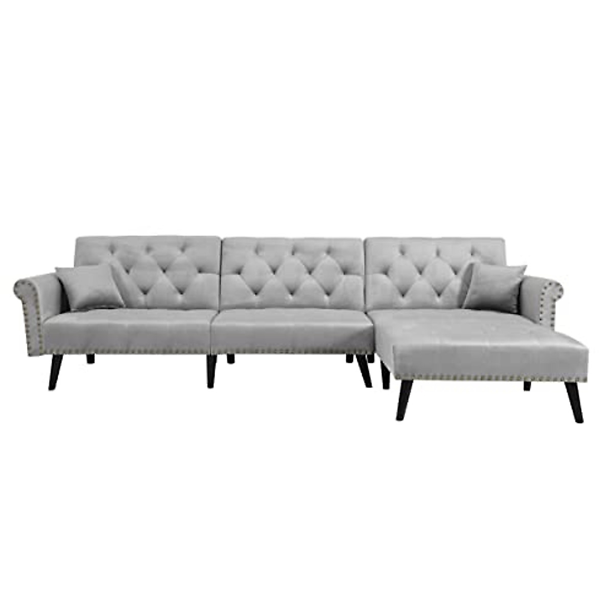 LCH Velvet Convertible Sleeper Sectional Sofa Bed,Reversible L Shaped Button Tufted Couch Furniture Set with Chaise Lounge 2 Pillows for Living Room, Office, Light Grey