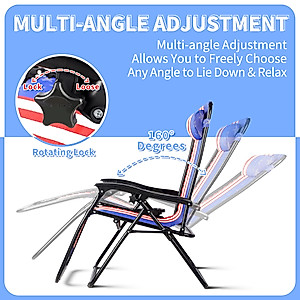 Colorsoul Zero Gravity Chairs Set of Two, Outdoor Adjustable Folding Reclining Lounge Chairs, with Head Pillow and Holder Tray, for Poolside Backyard and Beach (American Flag)