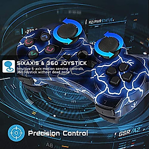 Kujian Controller for PS3 2 Pack Wireless Controller for Playstation 3 6-axis Thunderbolt Style Dual Vibration Gaming Controller with 2 Charging Cord(Red and Blue)