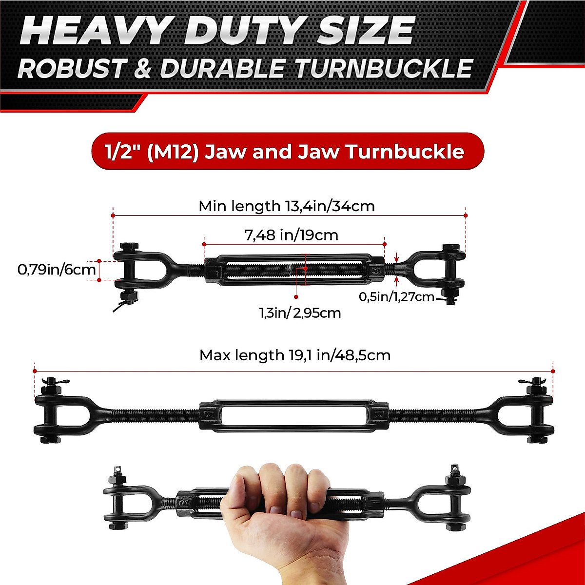 [Premium] 2 Pack 1/2”x13.4” Heavy Duty Jaw and Jaw Turnbuckle, 2200 lbs Working Load Limit, Weather Resistant, Durable Black Turnbuckle for Wire Rope Tension, Shade Sail Hardware, Sun Shade Tent