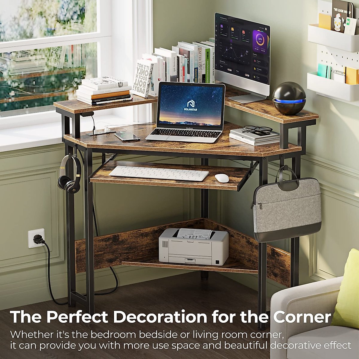 Rolanstar Corner Desk, 44.5" W x 34.5" H Small Computer Desk with Power Outlets, Gaming Desk with LED Lights, Triangle Corner Desk with Keyboard Tray & Monitor Stand for Small Space, Rustic Brown