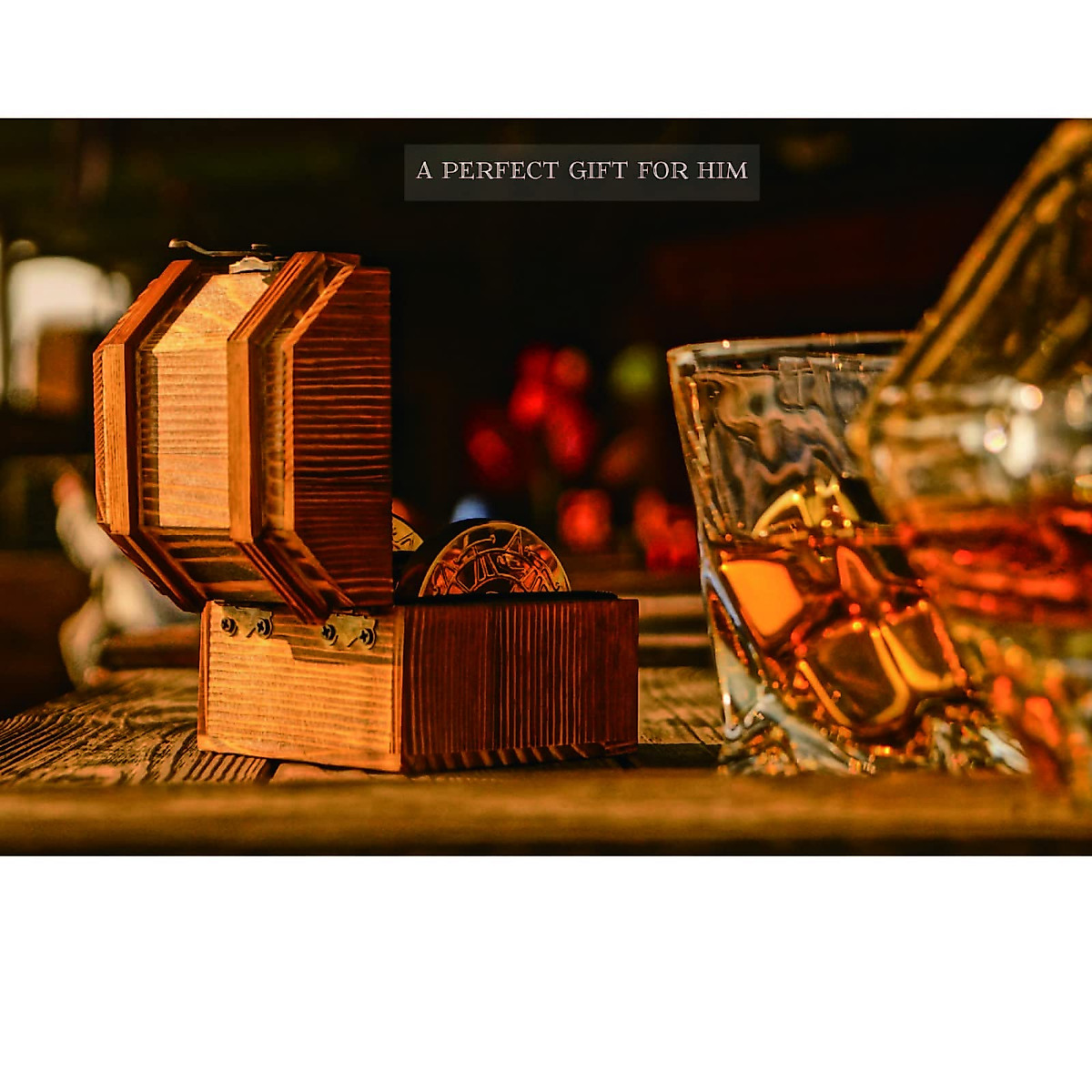 New Pirate Themed Gold Whiskey Coin and Cube Set, Stainless Steel Whiskey Chilling Stones | 4pc Set with Wooden Chest | Whiskey Gift for Men, Dad, Husband, Boyfriend