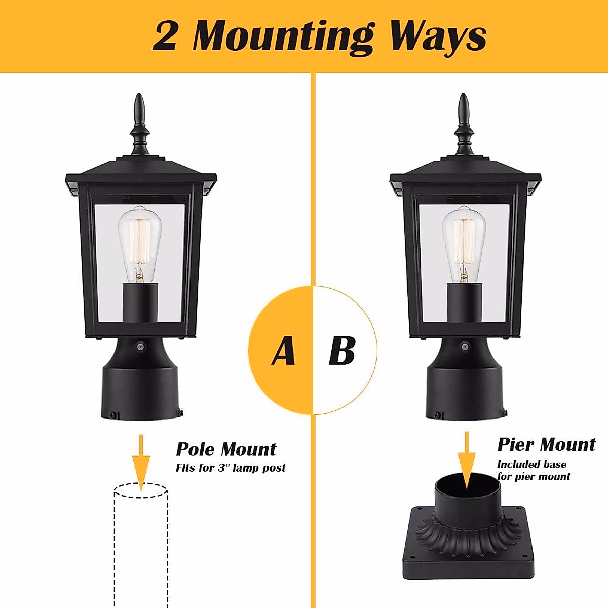 CINOTON Dusk to Dawn Outdoor Post Light Fixtures, Modern Exterior Post Lantern 6-Inch with Pier Mount Base, Aluminum Lamp with Clear Glass Waterproof for Garden Patio Pathway Deck