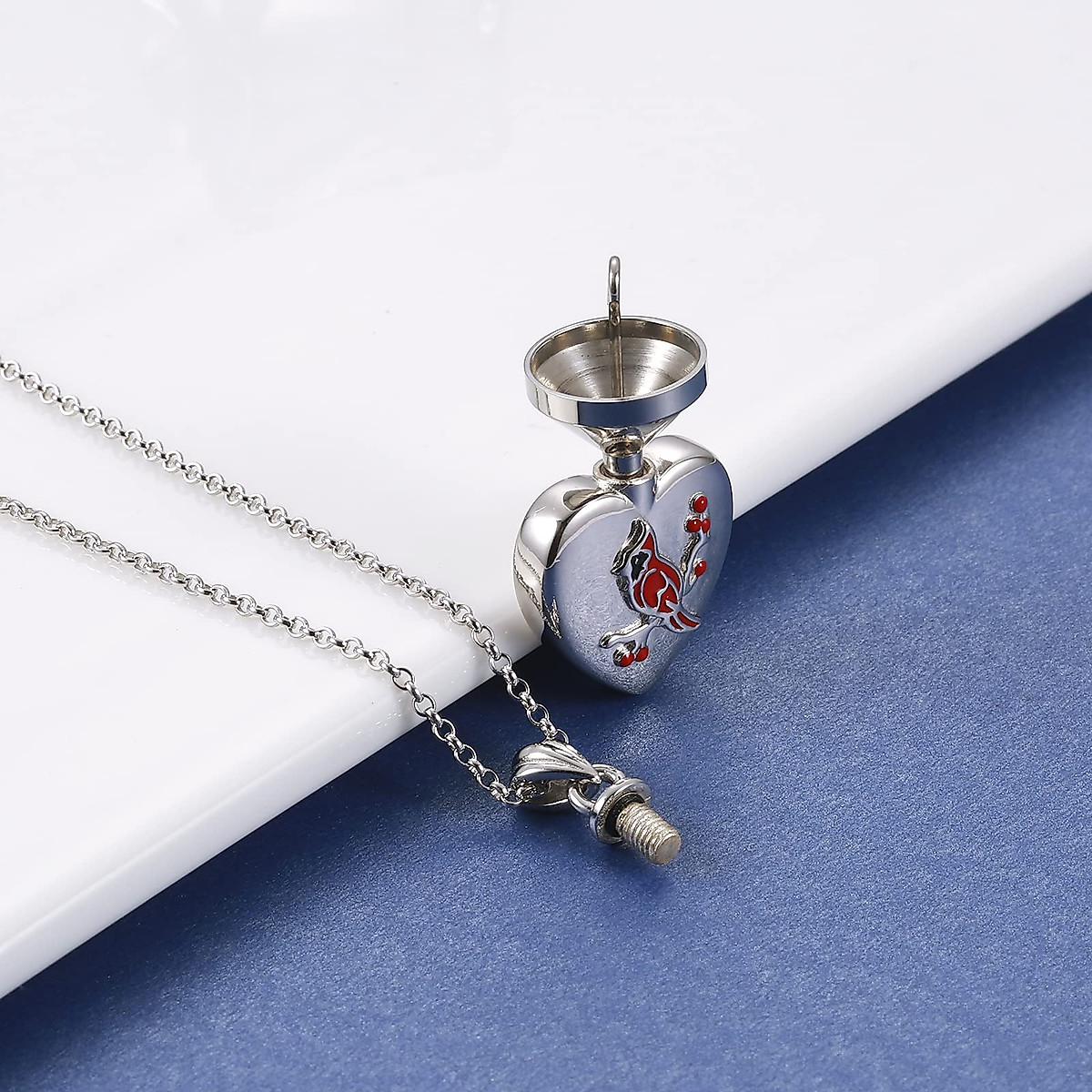 Sterling Silver Cremation Urn Jewelry - Cardinal Heart Cremation Keepsake Pendant Necklace Bracelet Memorial Jewelry Gifts for A Loss of The Loved One (Necklace)