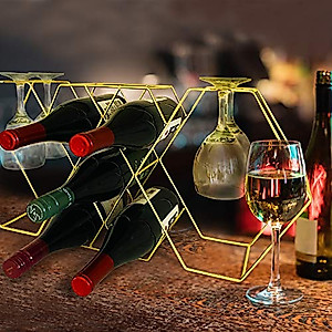 Golden Wine and Glass Rack, Tabletop Wine Rack, Countertop Wine Rack, Wine Bottle Holder, Holds Bottles & Glasses, Freestanding Wine Storage, Perfect for Kitchen Home Bar Storage