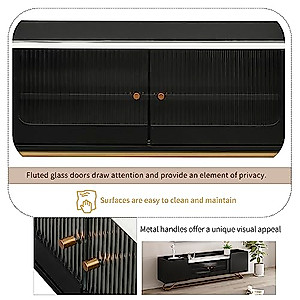 WADRI TV Stand with Fluted Glass, Faux Marble Top Console Table with Gold Frame Base for Living Room, Contemporary Entertainment Center for Television Up to 65" (Black + Particle Board-035)