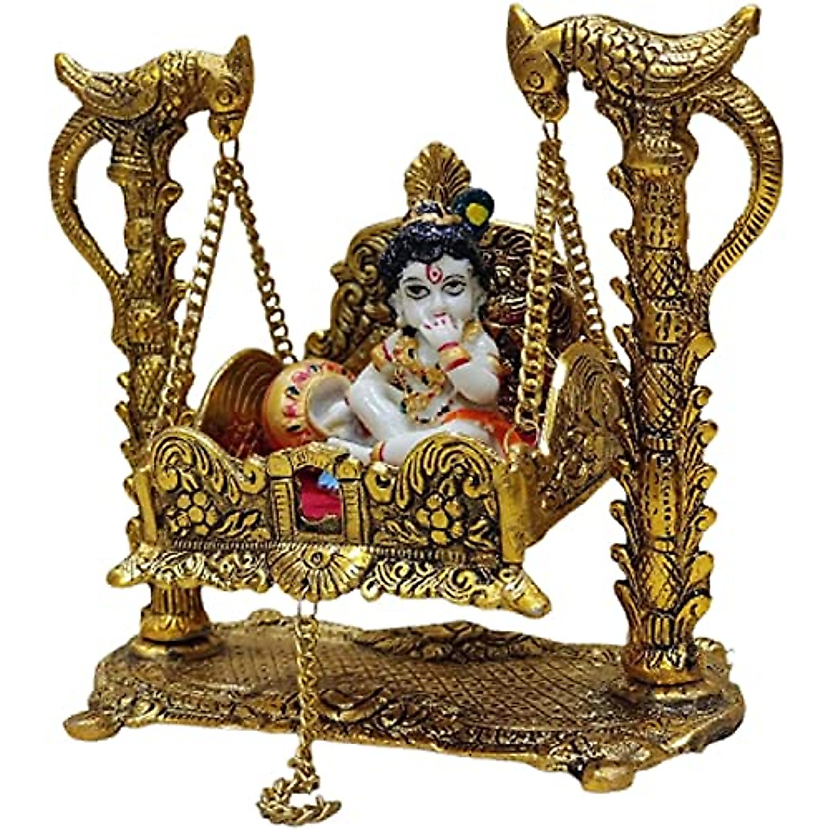 LAXMI Craft Lord Krishna Jhula Singhasan Indian Traditional Handicraft Antique Look Temple Arch/gate Design, Laddu Gopal Sofa with Jhula,Brass,17 x 10 x17 Cm (Metal JULLA with MARBAL Krishna)