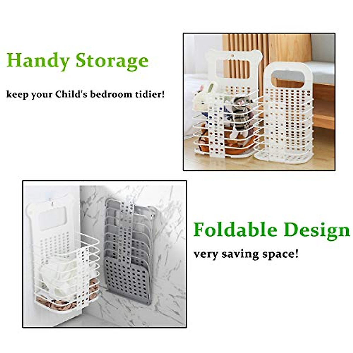 Large Laundry Basket Collapsible Hanging Laundry Basket with Handles Tall Plastic Dirty Laundry Basket Storage for Women Kid's Room Kitchen College Dorm - 2 Pack/White