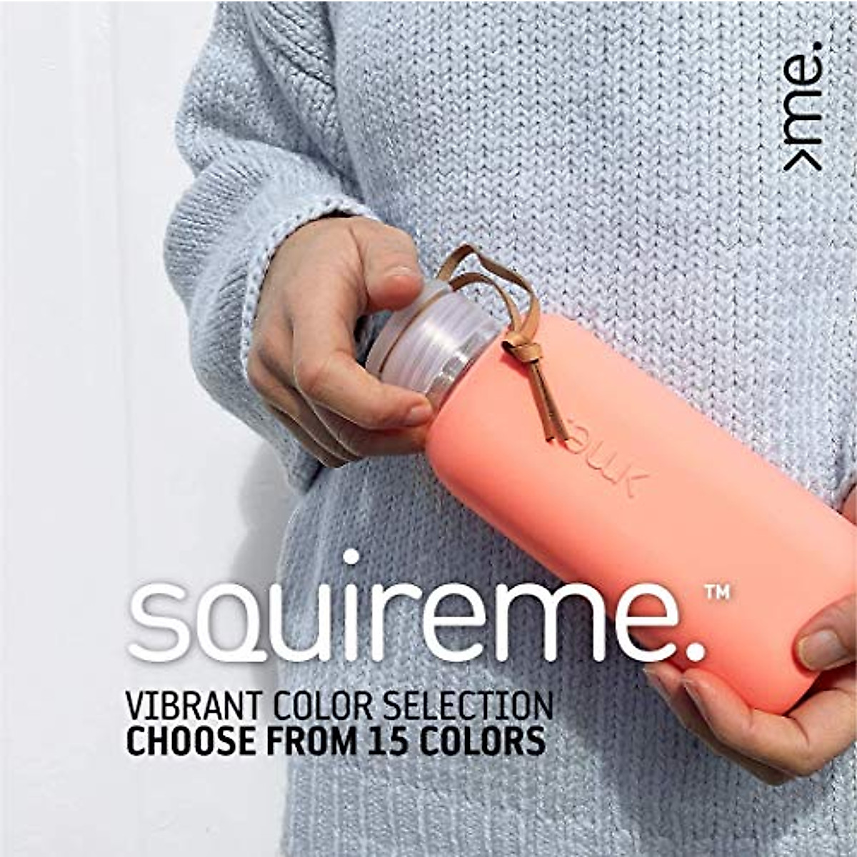 SQUIREME. Y1 Borosilicate Glass Water Bottles, Clear Bottle, Reusable, BPA Free, Tumbler, Dishwasher Safe, Drink Container, Silicone Sleeve, Easy-Off Lid, Hot and Cold Liquid, Concrete Grey 20oz