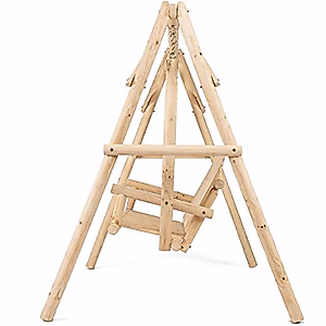 Safstar Porch Swing, Outdoor Wooden Swing with A-Frame for 2 Person, Rustic Hardwood Swing Chair for Patio Garden Yard, 6.5' Wooden Swing Bench for Adult Senior Toddler, Natural