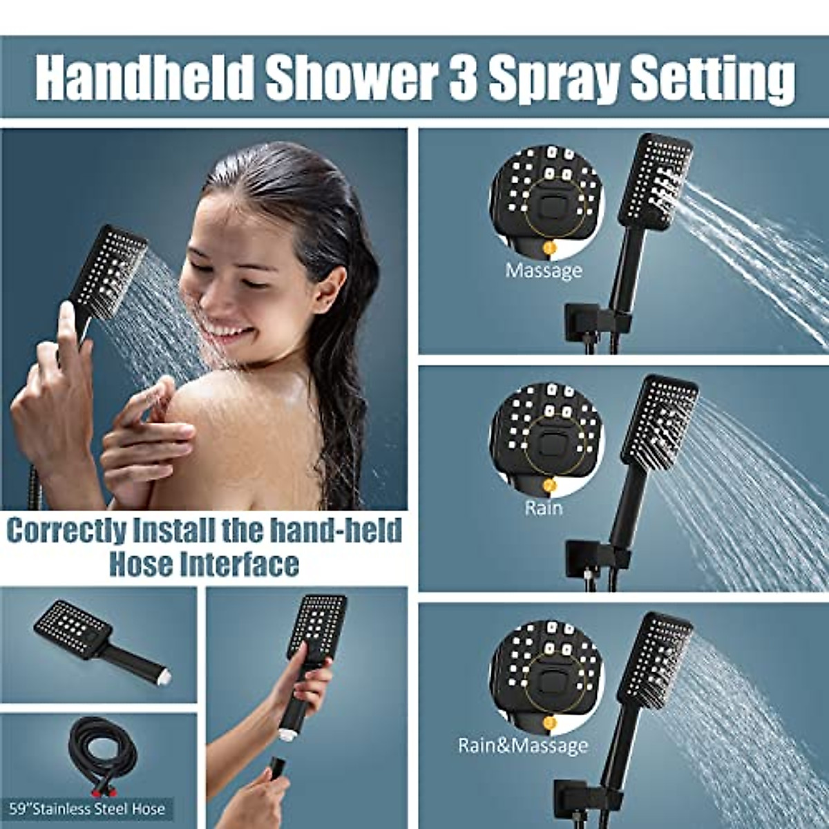 Aolemi Matte Black Shower System Ceiling Mount 12 Inch Rain Shower Head with 3 Functions ABS Handheld Spray Luxury High Pressure Shower Combo Set Rough-in Valve and Shower Trim Included Bathroom