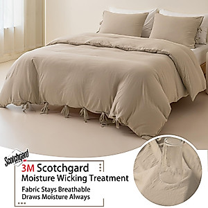 MUKKA Duvet Cover Queen Size 3 Pieces Sets Beige Boho Chic, Tan Khaki Farmhouse Bowknot, Sand Soft & Easy Care Washed Microfiber Cream Bohemian Bedding Sets with Ties