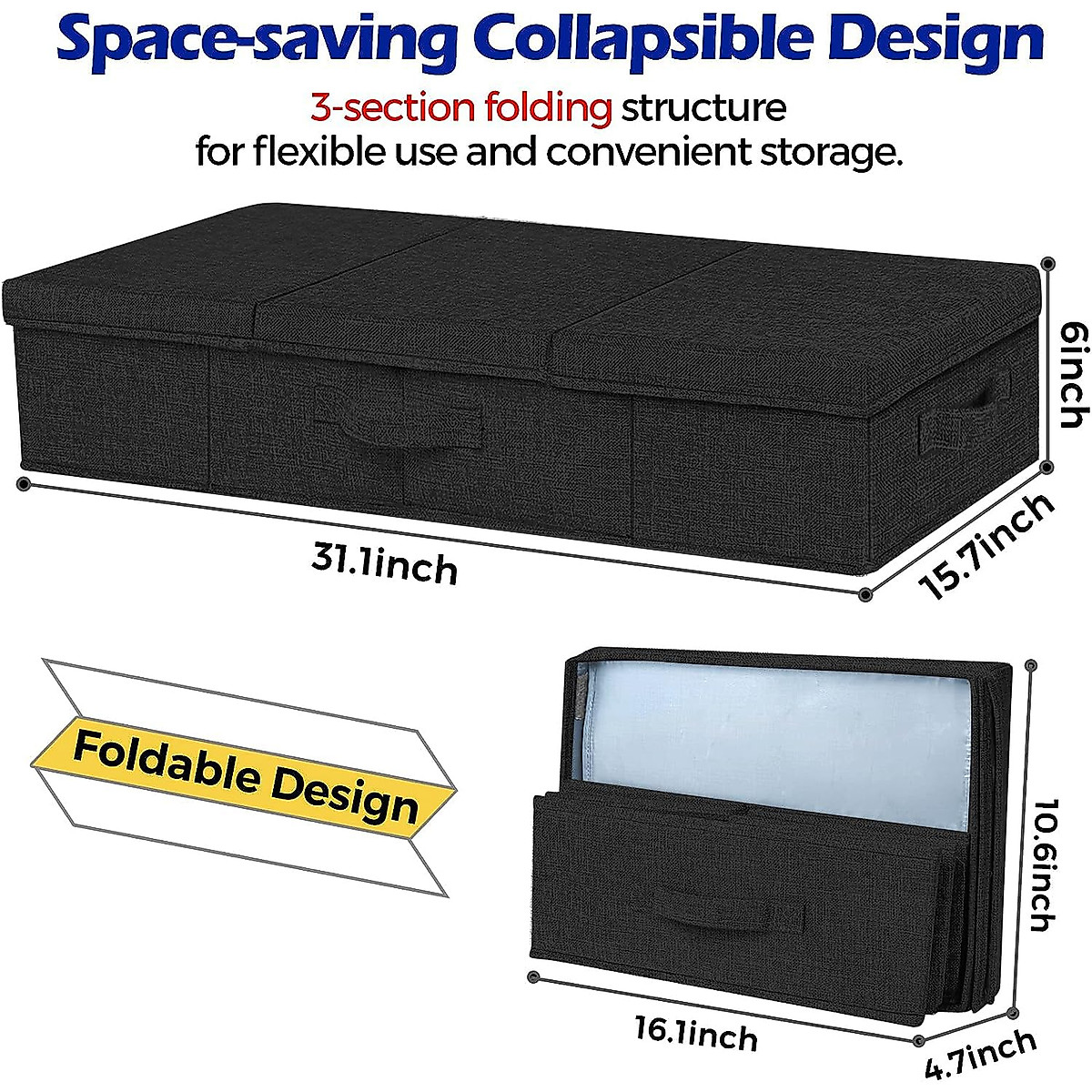 Under Bed Storage, Large Underbed Storage Containers with Lids, Foldable Clothes Storage Bins W/ Reinforced Handle for Bedroom Organization, Closet Organizers for Blanket, Shoe, Pillow -2 Pack, Black