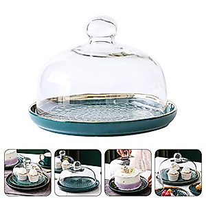 YARNOW Ceramic Tray with Dome Glass Dessert Cover Rustic Cake Stand Desert Platter Ceramic Serving Tray Cheese Cloche Dome for Desserts Fruits Snack Candy (6 Inch)