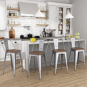 Andeworld Metal Bar Stools Counter Height Stools Dining Chairs High Back Industrial Barstools Set of 4 (30inch,Silver)