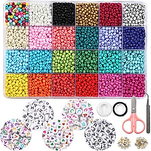 OUTUXED 7200pcs 4mm Glass Seed Beads for Bracelets Making Kit 300pcs Alphabet Letter Beads for Jewelry Making and Crafts with Elastic String Cords, Tweezers and Accessories DIY Material