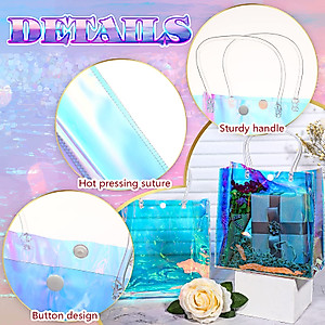 Sherr 16 Pcs Holographic Small Gift Bag Reusable Iridescent Clear Bags for Women PVC Plastic Goodie Bags with Handles for Shopping Christmas Holiday Gift Party Favor(Rainbow, 7.87" x 7.87" x 3.15")
