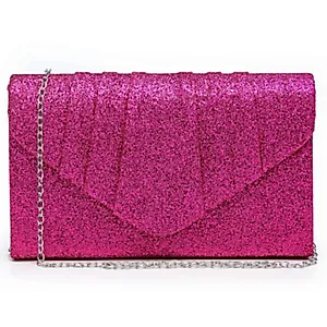 Dasein Women Glistening Evening Bags Pleated Clutch Handbags Wedding Purses Cocktail Prom Hand Pouch Fuchsia