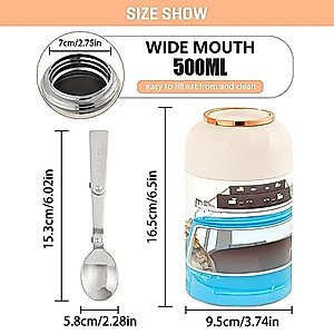 CUPADA Funny Cats Vacation Food Jar, Car Driving Insulated Hot Food Jars Vacuum 17OZ with Folding Spoon for Work Trip Picnic Camping