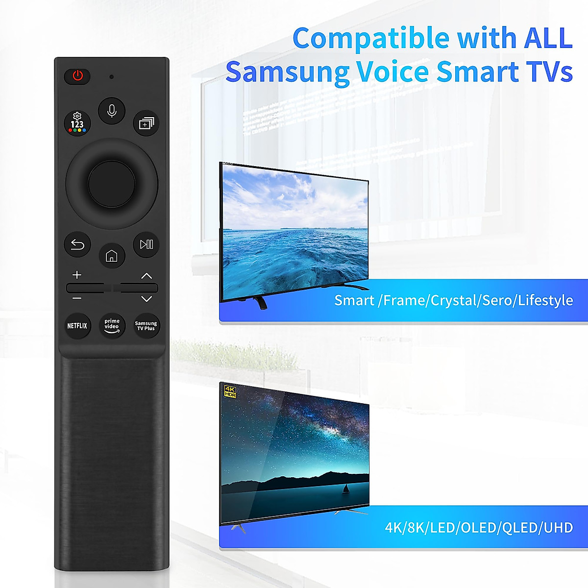 Universal Replacement Voice Remote for All Samsung Smart TV with Voice Function, Compatible with Smart Crystal Curved Frame UHD Neo TVs,with Netflix,Prime Video and Samsung TV Plus Buttons.