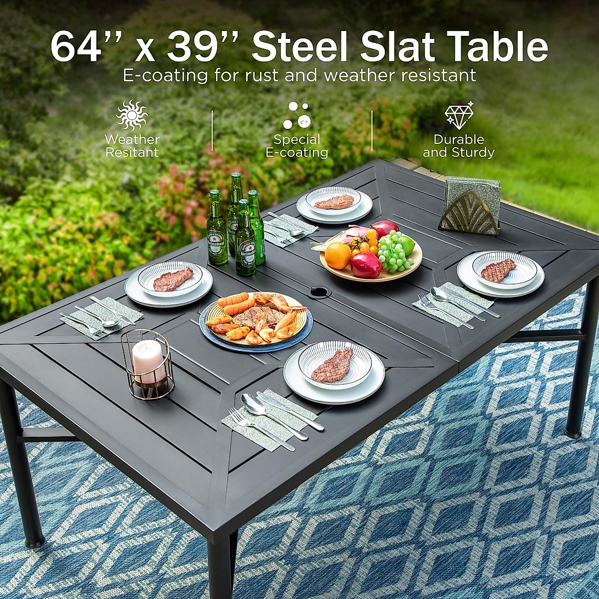 PHI VILLA 64" Large Metal Patio Dining Table Steel Rectangular Outdoor Table, Weather-Resistant Table with 1.77" Umbrella Hole for Lawn Backyard Garden, Black
