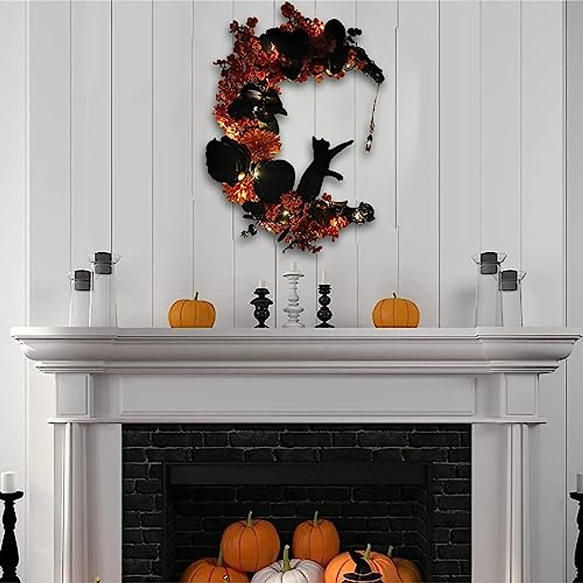 Pacoco Halloween Wreaths Decor with Lights for Front Door, 13.77" Halloween Moon Wreath with Black Cat Wood Wreath Halloween Wreath Horror Decorations for Home Party Window Wall Indoor Outdoor (03)