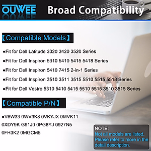 OUWEE 41Wh G91J0 Battery Replacement for Dell Latitude 3320 3330 3420 3520 Inspiron 3510 3511 3515 3525 3530 5310 5410 5418 5510 5515 5518 14 Plus 7420 7415 2-in-1 Vostro 5620 5625 V6W33 TN70C 11.25V