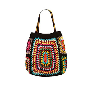 Original Handmade Crochet Shoulder Vintage Ethnic Style Handbag Shopping Tote Bag For Wommen Diy Kintting Black