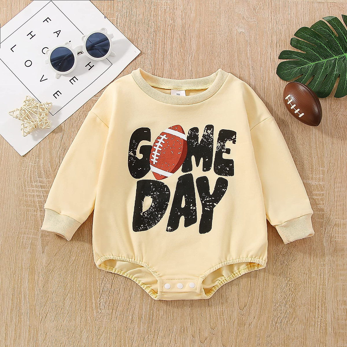 Socutebabe Baby Boy Girl Fall Cothes Football Sweatshirt Romper Long Sleeve Creweck Onesie Thanksgiving Outfit (A Game Day Beige,0-6 Months)