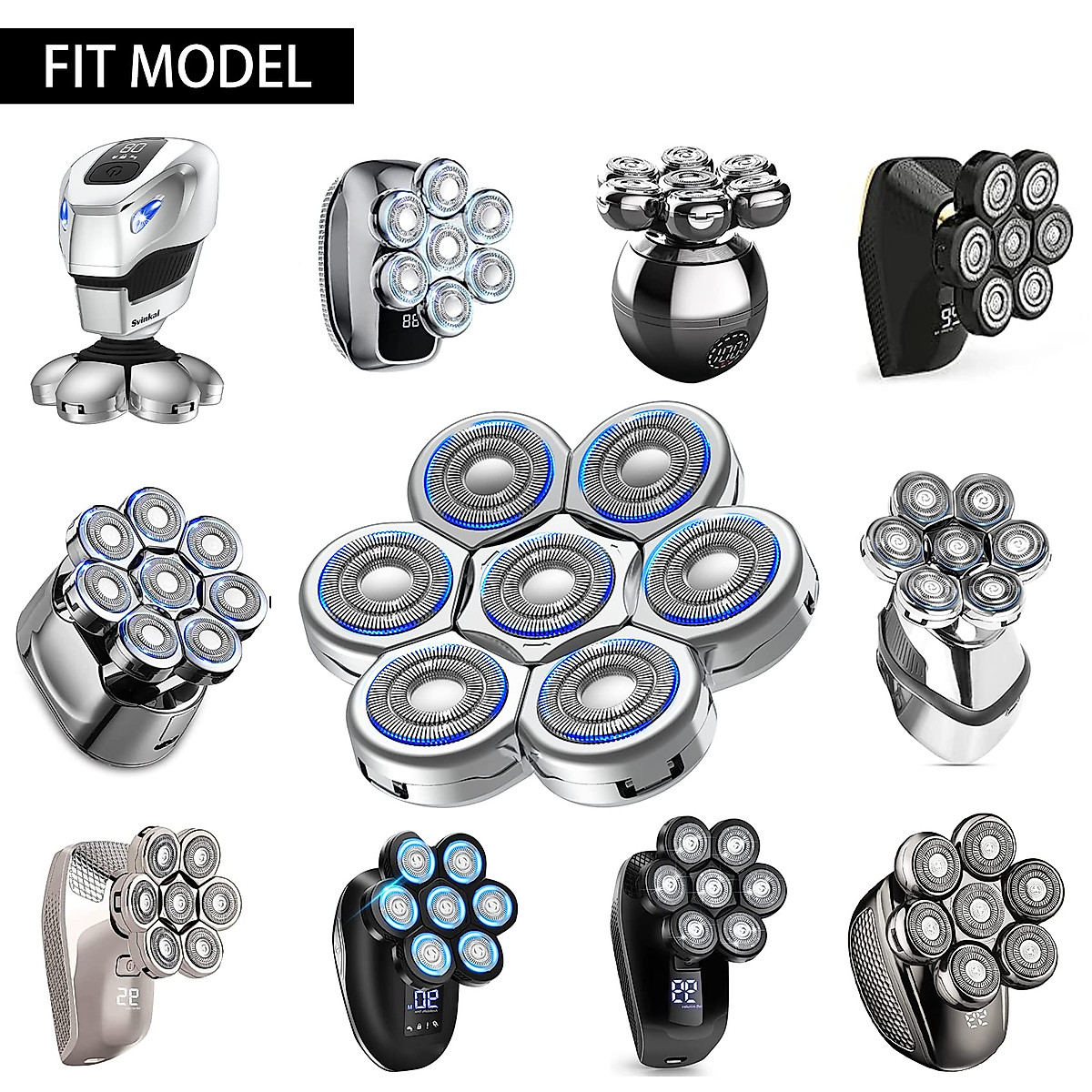 7D Electric Shaver Replacement Heads, Floating Waterproof Flexible Razor Blades, Electric Bald Beard Razor Blades, Comfortable No Pinch