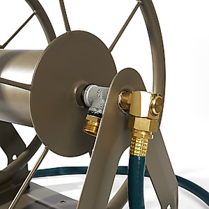Liberty Garden Multi Purpose Steel Garden Hose Storage Reel for Backyard, Garden, or Home, with 5 Foot Leader Hose and Hose Connections, Bronze