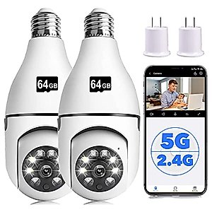 Light Bulb Security Camera, 1080P 2.4G&5G WiFi Security Camera, 355° Motion Detection Night Vision Light Socket Security Camera Works with Alexa&Google Assistant (2Pack 2.4G&5G with 64GB SD Card)