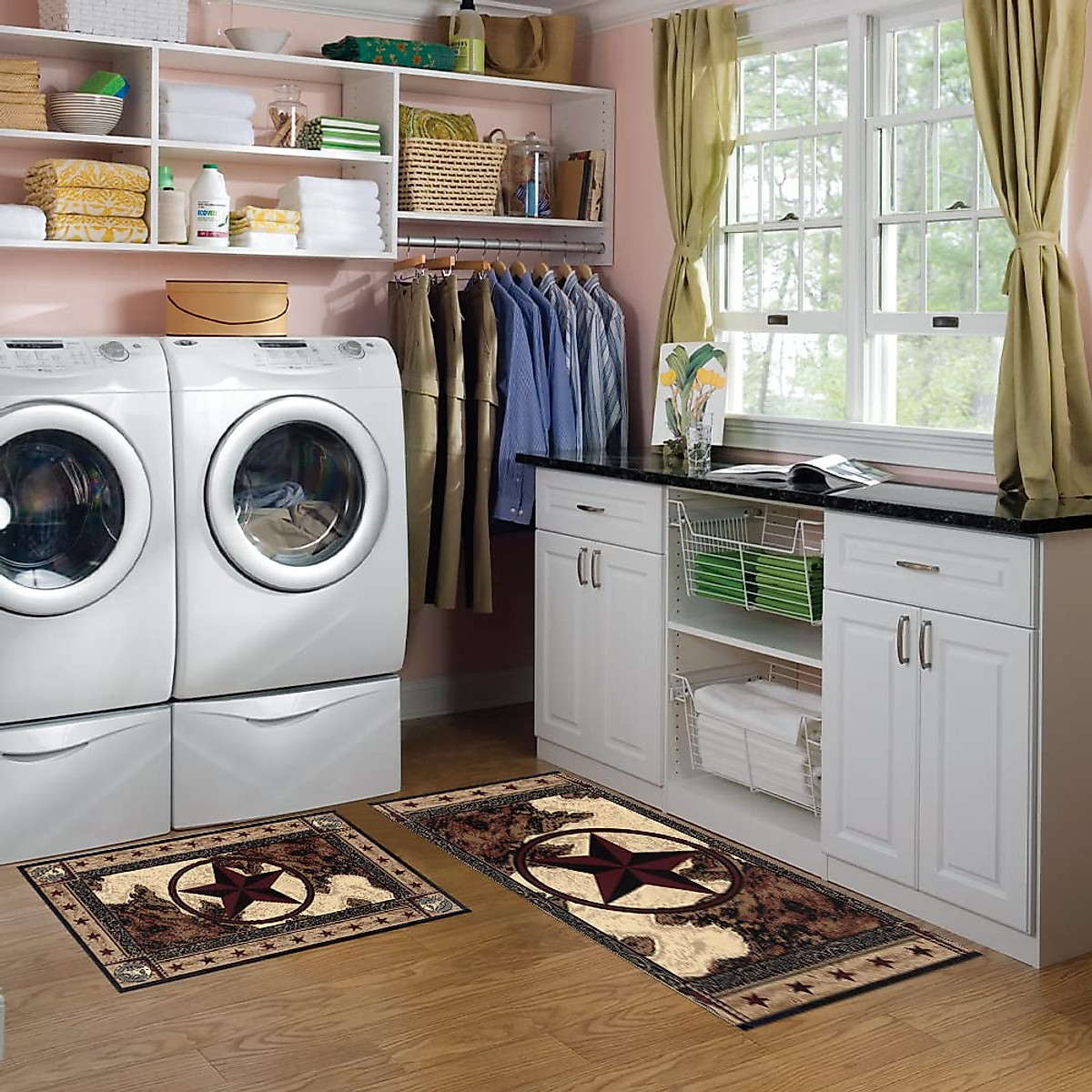 2 Pieces Non-Slip Vintage Style Kitchen/Bath Rug Runner Mat, Super Absorbent Rugs, Washable Carpet Kitchen Mats 15.7x23.6inch+15.7x47.2inch, Western Texas Star on Wood Panel Rustic