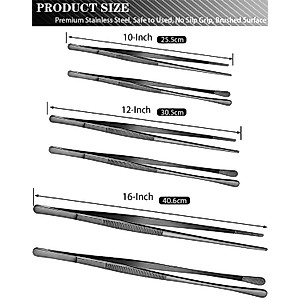 JETKONG 2 Pcs 12-Inch Kitchen Tweezers Tongs with Precision Serrated Tips, Stainless Steel Chef Tweezer Professional Cooking Tweezers for BBQ, Plating and Serving (12-Inch, Black)