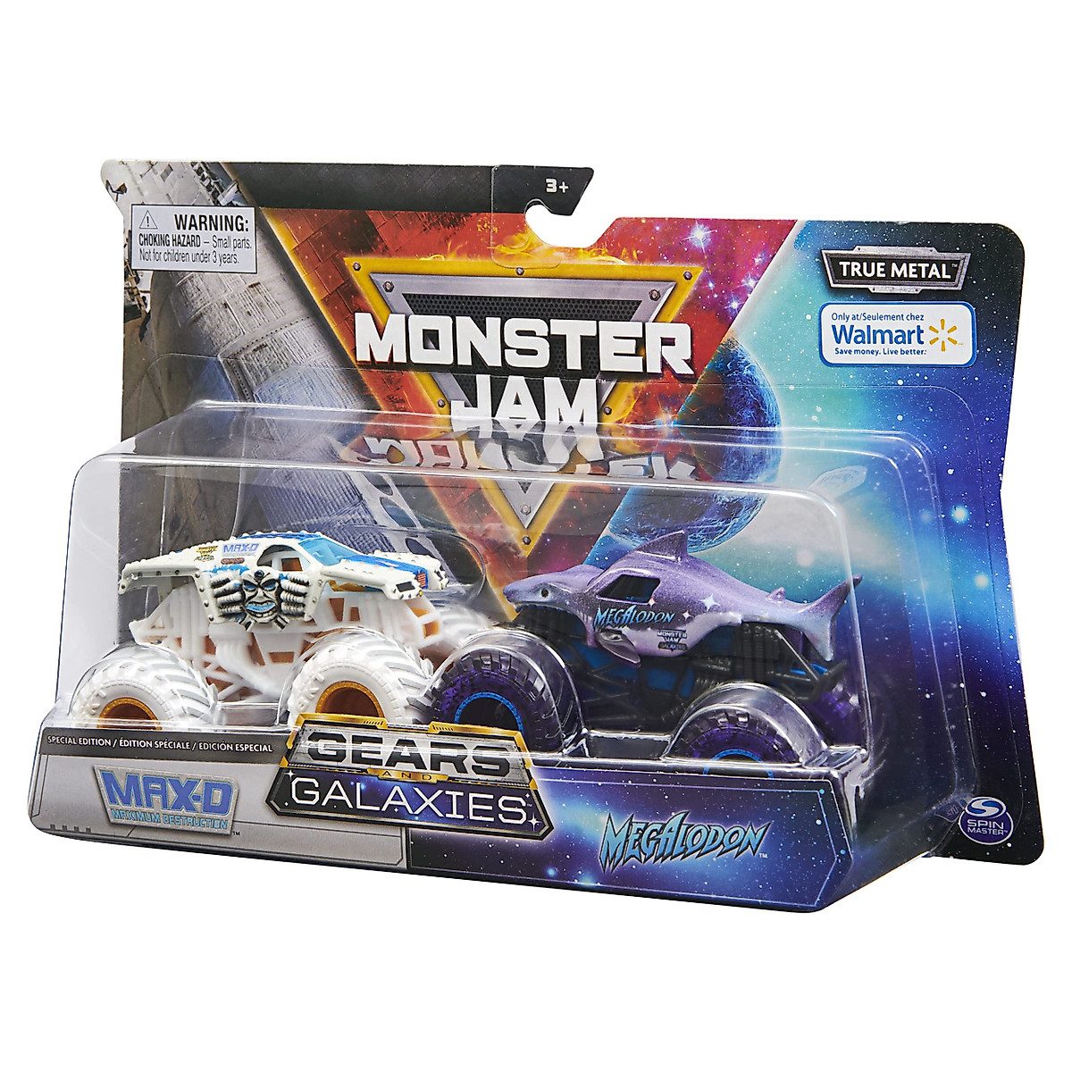 DieCast MonsterJam 2 Pack Max D vs Megalodon, Gears and Galaxies
