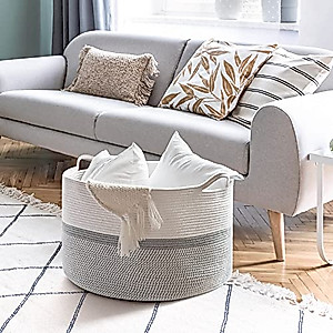 CHICVITA XXL Extra Large Cotton Rope Woven Basket, Throw Blanket Storage Basket with Handles, Decorative Clothes Hamper - 22" x 22" x 14"