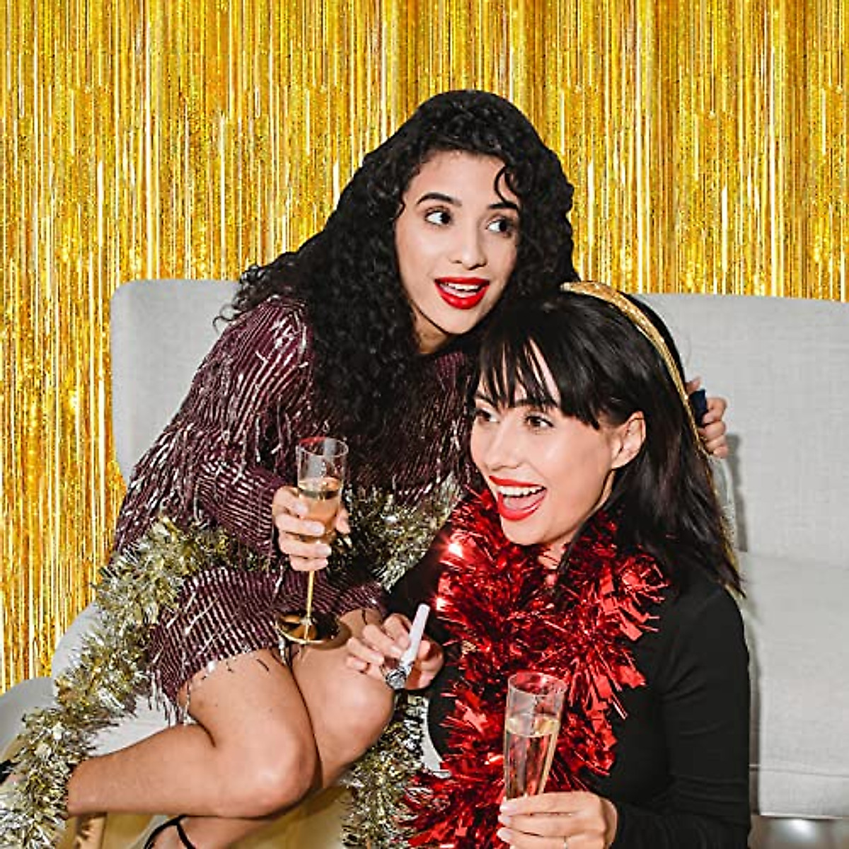 5 Pack Gold Fringe Curtain Backdrop 3.2ft x 8.2ft Metallic Tinsel Foil Fringe Streamers for Photo Booth Props Background Birthday Party Decorations Wedding Christmas Halloween Decorations (Gold)