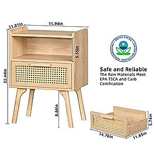 Lerliuo Rattan Nightstand, Boho Side Table with Drawer Open Shelf, Cane Accent Bedside End Table with Solid Wood Legs for Bedroom, Dorm and Small Spaces