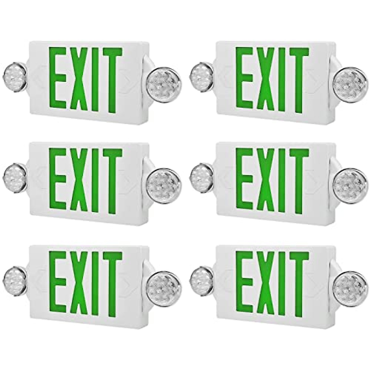 JW LIGHTING LED Exit Signs with Emergency Lights, Double Sided Adjustable LED Emergency Combo Light with Backup Battery, Hard Wired, Commercial Grade, 120-277V, Fire Resistant (UL 924) Green 6 Pack
