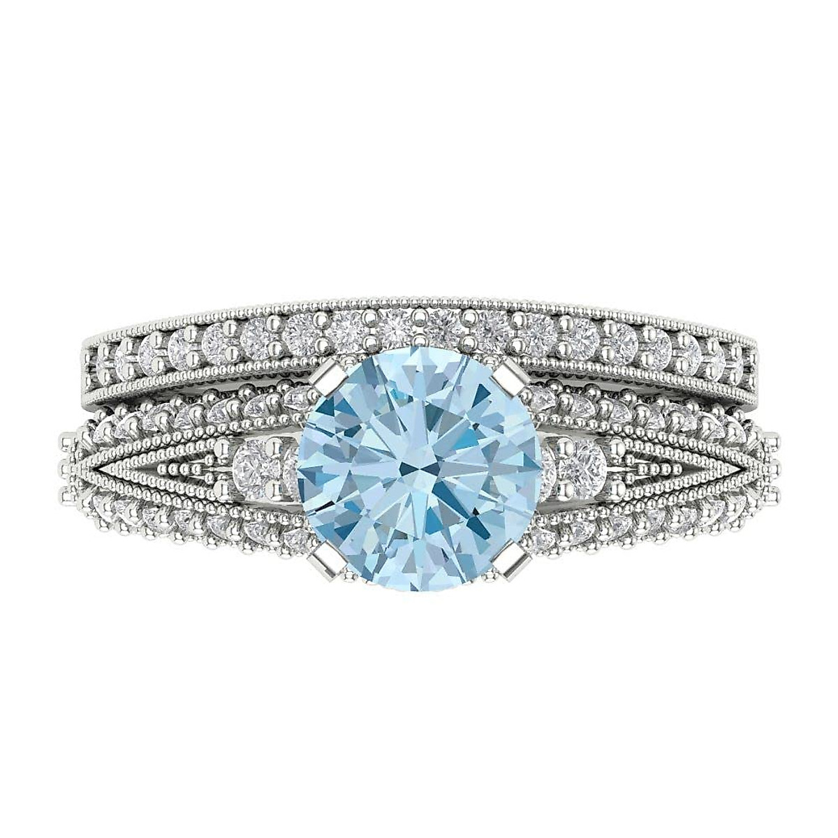 2.07ct Round Cut Pave Solitaire with Accent Natural Swiss Blue Topaz Designer Classic Ring Band Set 18k White Gold Size 5.5
