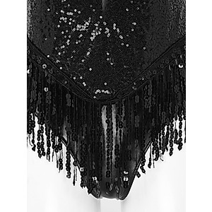 WinChang Womens Mesh Splice Sequin Leotard with Fringe for Latin Dance Gymnastics Bodysuit Black A Small