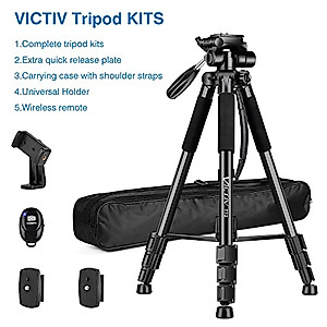 Victiv 72-inch Camera Tripod Aluminum Monopod T72 Max. Height 182 cm - Lightweight and Compact for Travel with 3-Way Swivel Head and 2 Quick Release Plates for Canon Nikon DSLR Video Shooting - Black